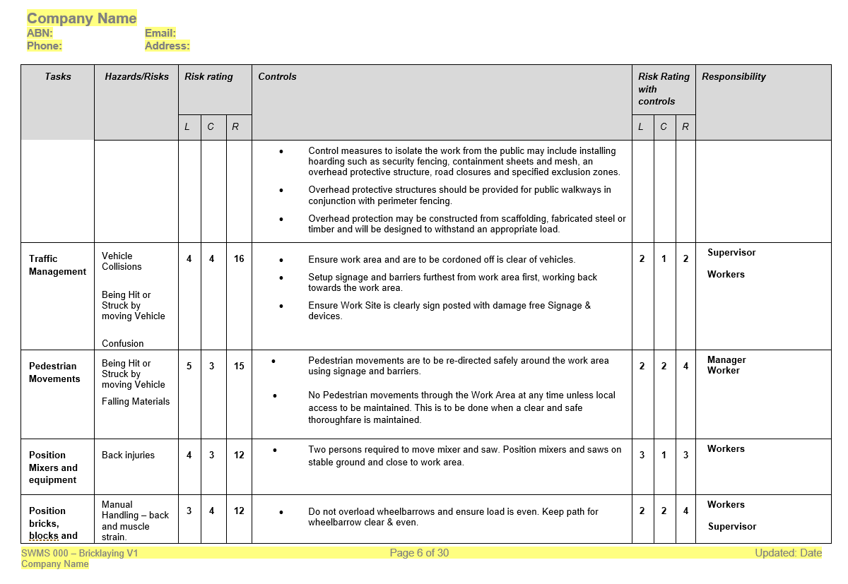 SWMS Bricklaying Safe Work Method Statements SWMS Bricklaying Safe Work Method Statements