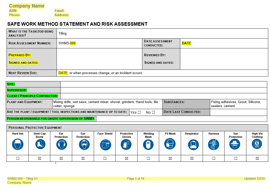 SWMS Tiling Safe Work Method Statements SWMS Tiling Safe Work Method Statements