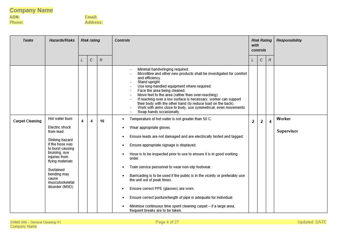 SWMS Cleaning Safe Work Method Statements SWMS Cleaning Safe Work Method Statements